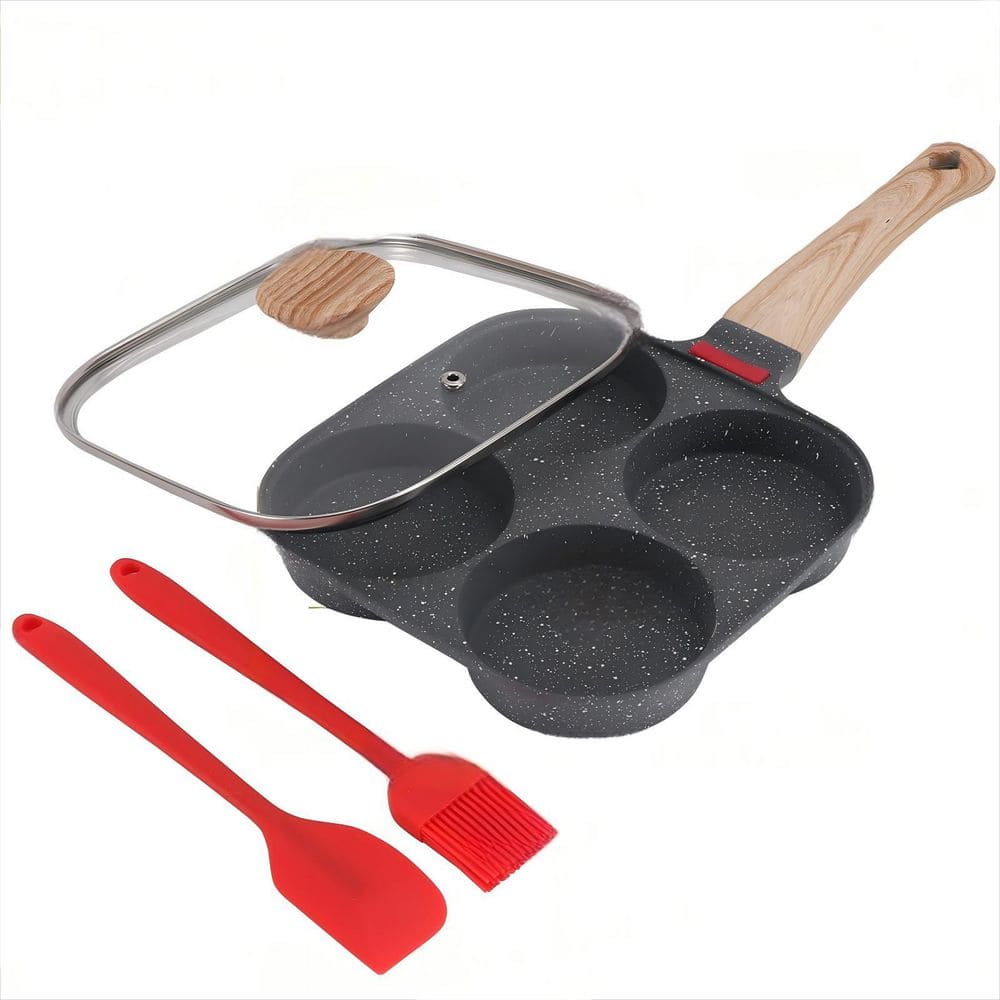 Wudkey 9 in. Black Aluminum Healthy Egg Frying Pan with Lid, 4-Cup Egg ...