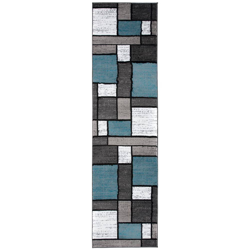 World Rug Gallery Contemporary Geometric Boxes Blue/Gray Indoor Runner ...