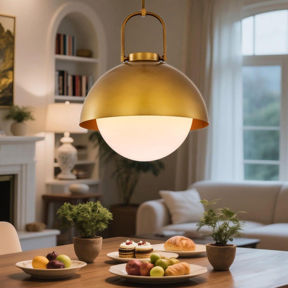 Edvivi 1-Light Gold Finish Modern Pendant Light Fixture with Opal Glass ...