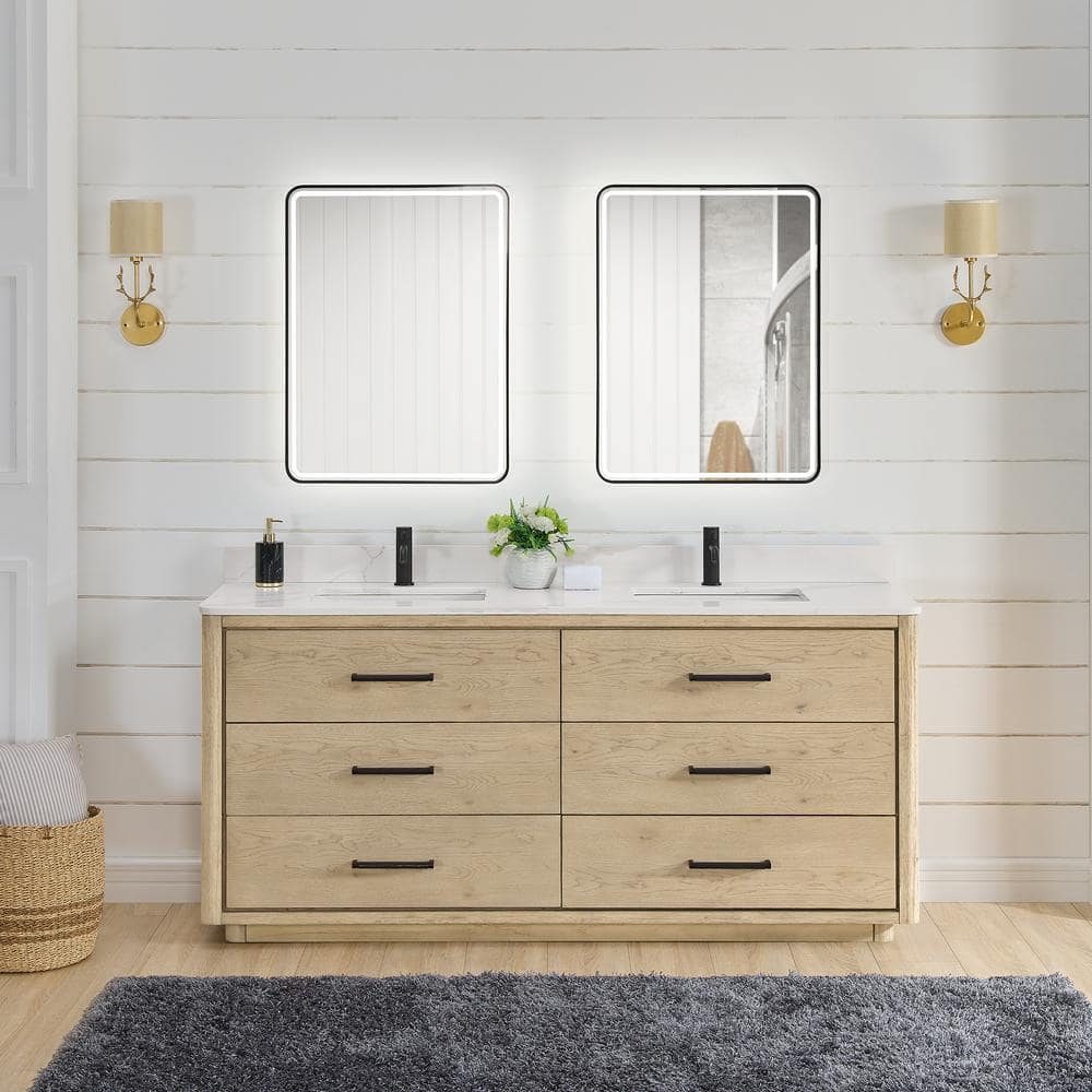 ROSWELL Porto 72 in. W x 22 in. D x 33.8 in. H Double Sink Bath Vanity in Natural Oak with White ...