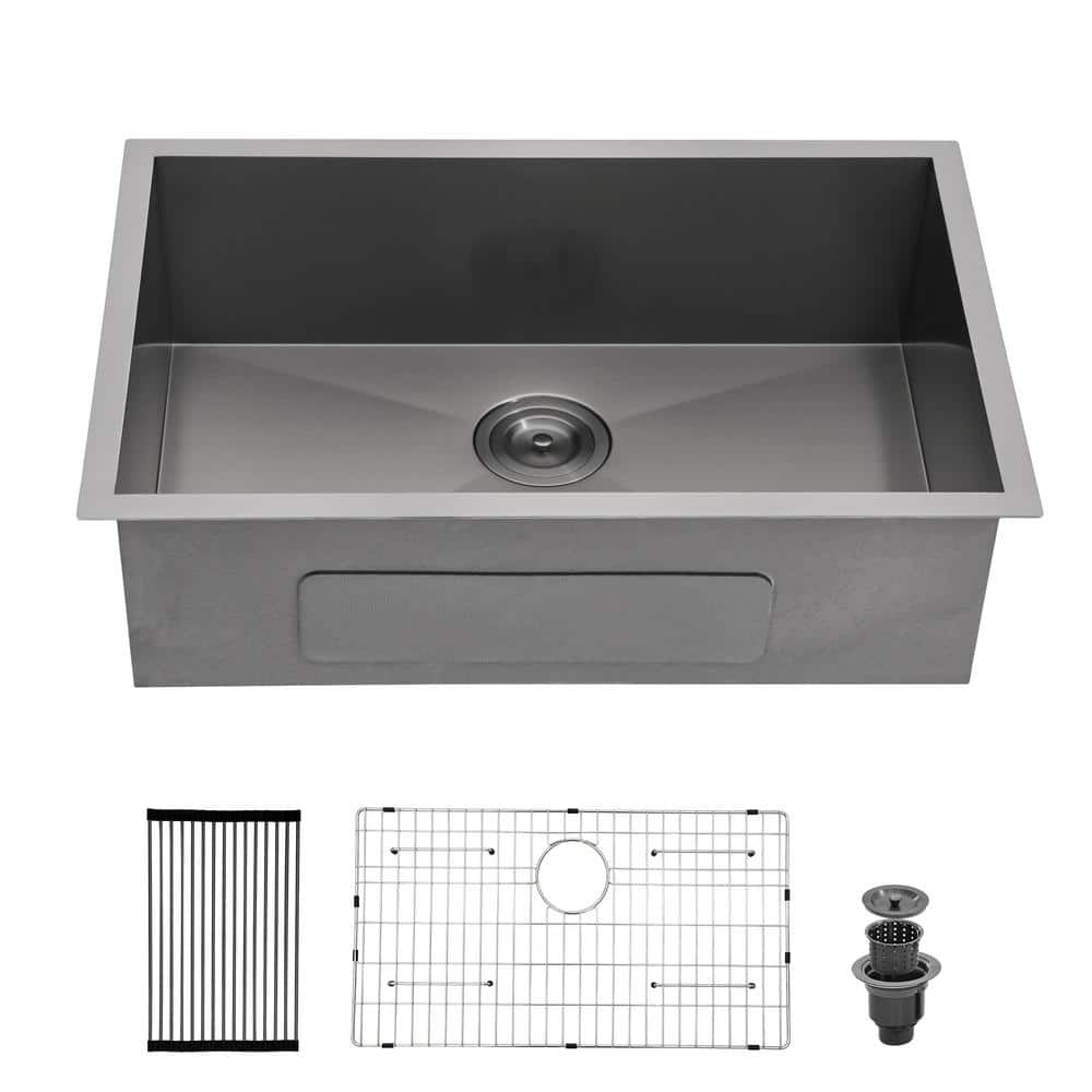 Logmey 33 in. Undermount Sink Single Bowl 16-Gauge Gunmetal Black ...