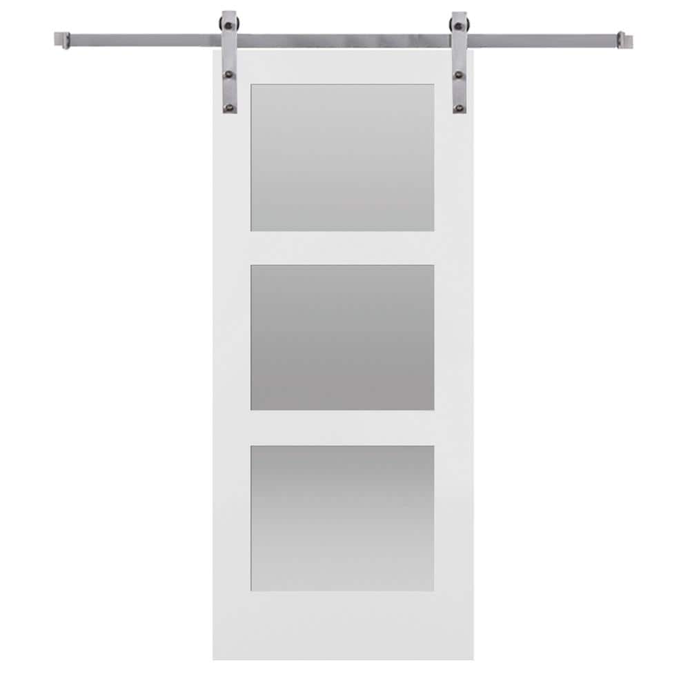 MMI DOOR 42 in. x 84 in. Shaker 3-Lite Frosted Glass Primed MDF Sliding ...