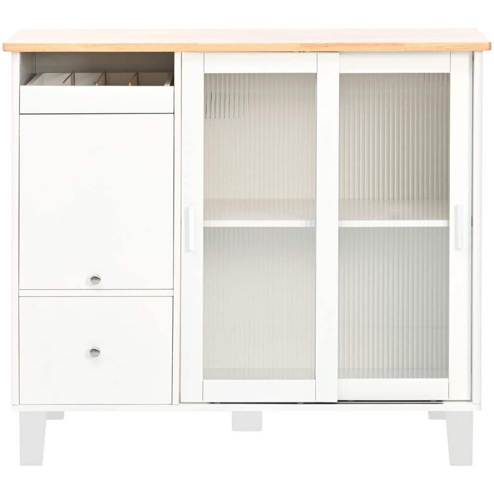 LED Light 44 in. MDF White Kitchen Cart with Cabinets, 2 Fluted Glass ...