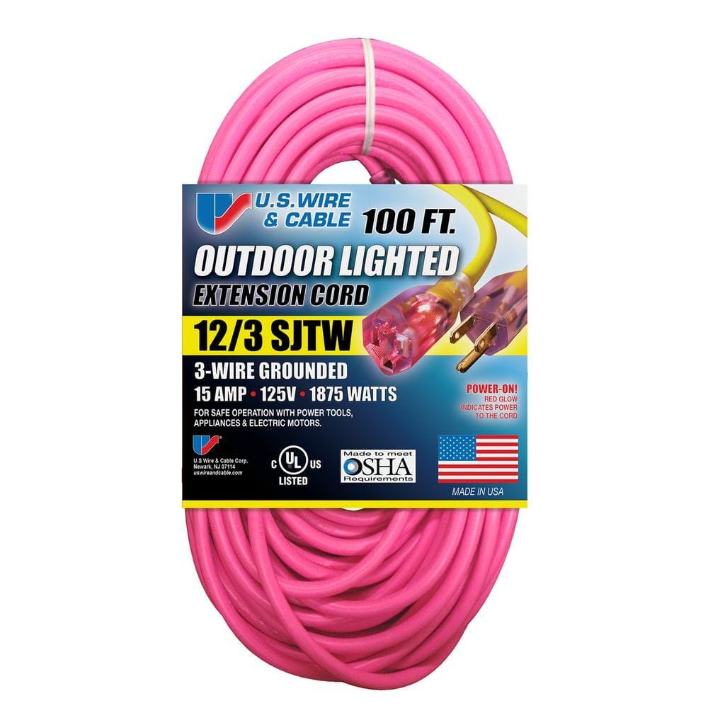 US Wire and Cable 100 ft. 12/3 Fluorescent Lighted Extension Cord, Pink 96100PKL - The Home Depot