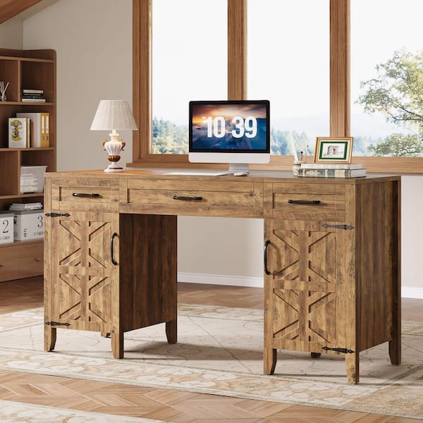 BYBLIGHT 59 in. Rectangular Rustic Brown Engineered Wood 3-Drawer ...
