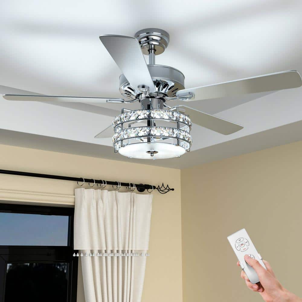 FORCLOVER 52 in. Indoor Sliver Classical Crystal Ceiling Fan Lamp ...