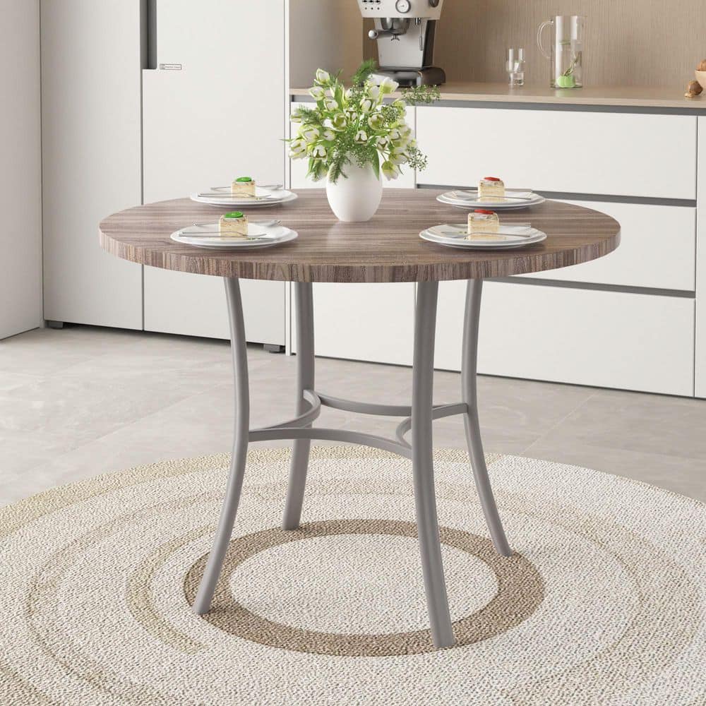 VECELO Round Dining Table for 4, 4-Legs Gray Wood Top 36 in. Metal ...