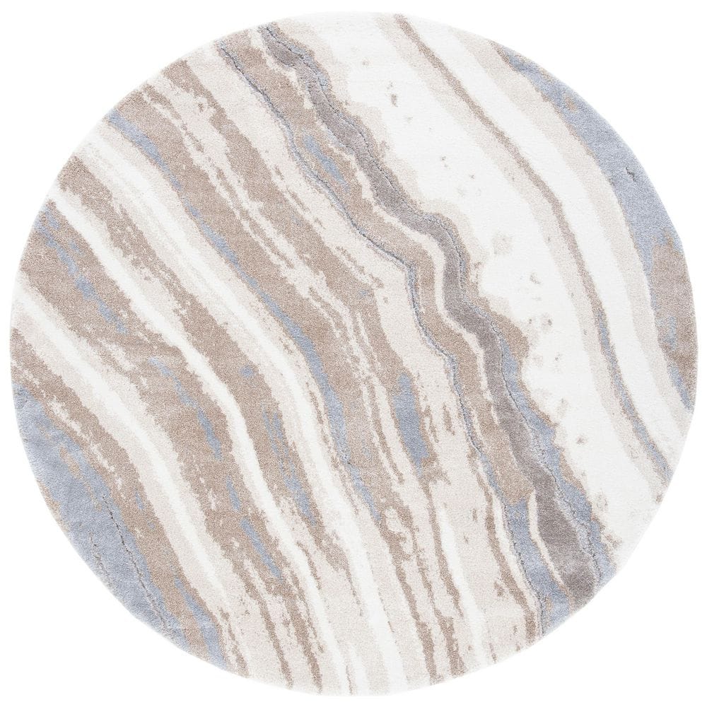 SAFAVIEH Cyrus Shag 7 ft. x 7 ft. Ivory/Gray Striped Wavy Round Area ...