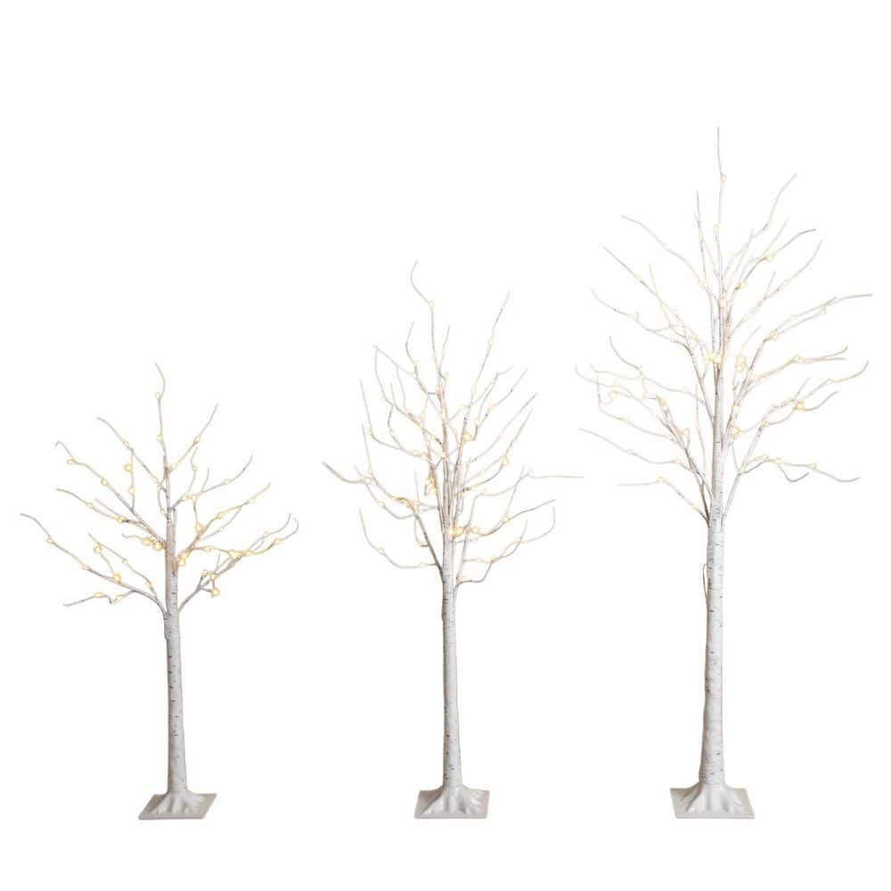 Nearly Natural 4 ft. 5 ft. 6 ft. Pre-Lit Artificial White Birch Trees ...