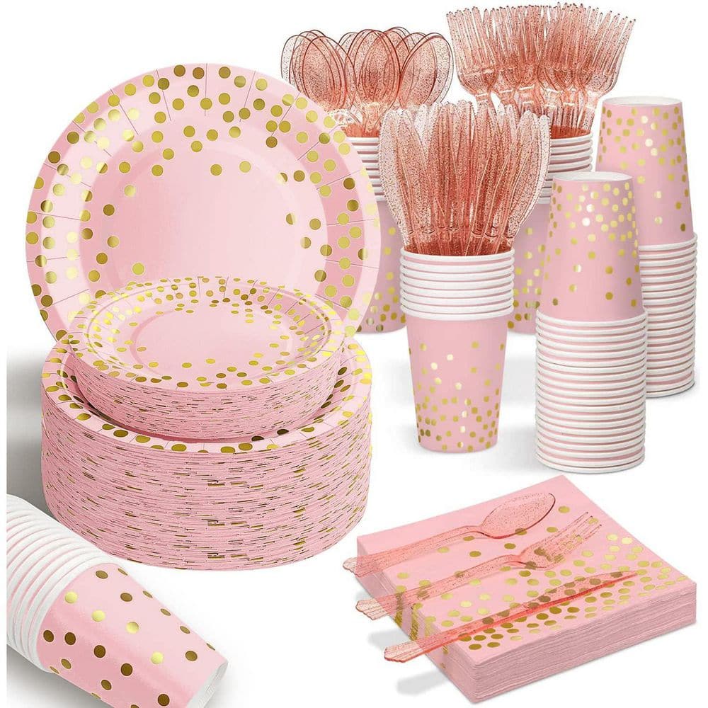 Adrinfly Pink Rose Gold Disposable Party Dinnerware Set (175-Piece ...