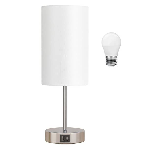 14 in. Silver Lantern Table Lamp for Bedroom with Dual Charging Station ...