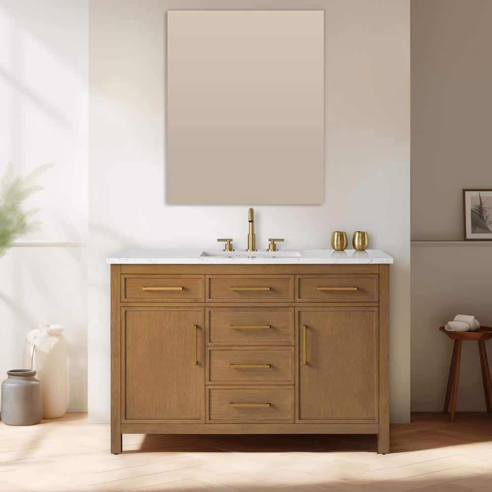 SUDIO Logan 48 in. W Bath Vanity in Caramel with Engineered Stone Top in Carrara White with ...