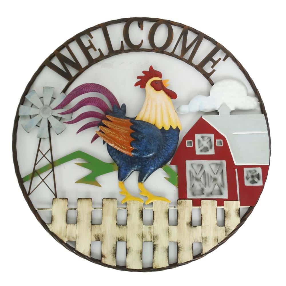 Alpine Corporation Large Round Rooster and Farm Welcome Decor SCC578L ...