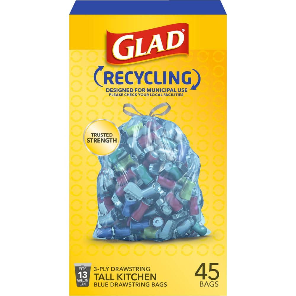 Glad Recycling 13 Gal. Blue Tall Drawstring Kitchen Trash Bags (45 ...