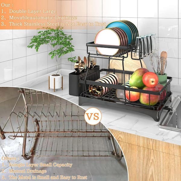 Lynzavix Black 2-Tier Dish Rack with Auto-Drain Tray and Mat Space ...