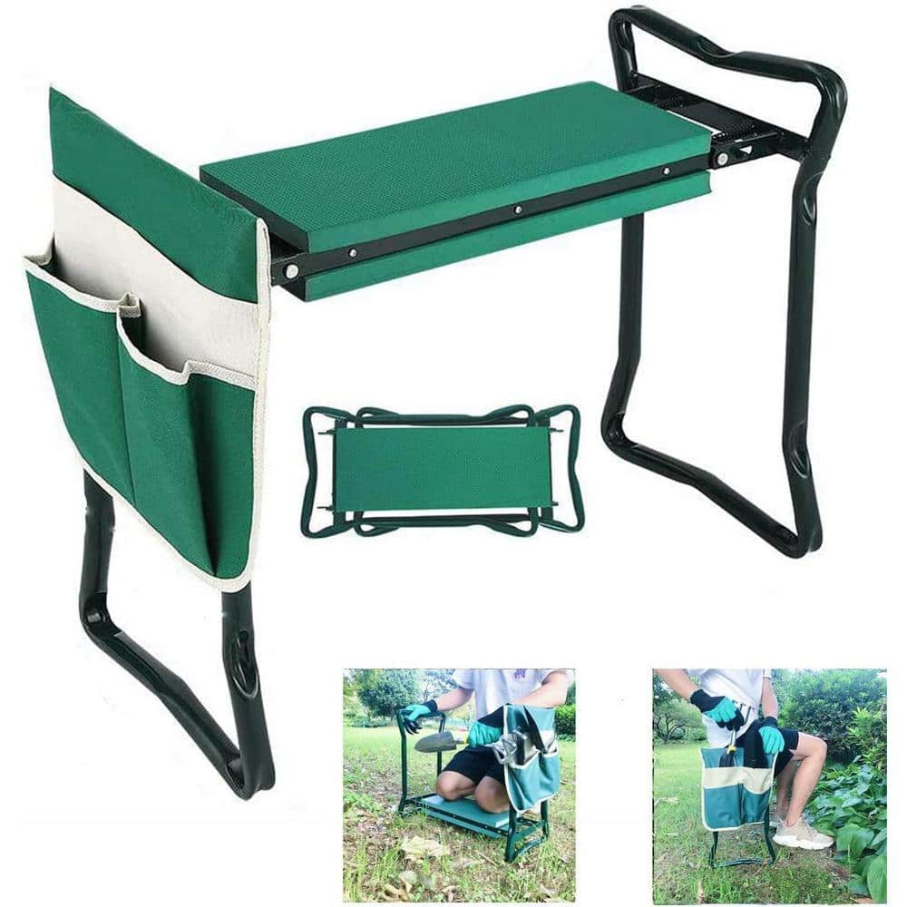 10 in. 2-Pieces Green Heavy-Duty Foldable Garden Stool Kneeling Stool ...