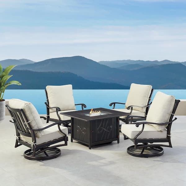 Oakland Living Black 5-Piece Aluminum Patio Fire Table Set with Light ...