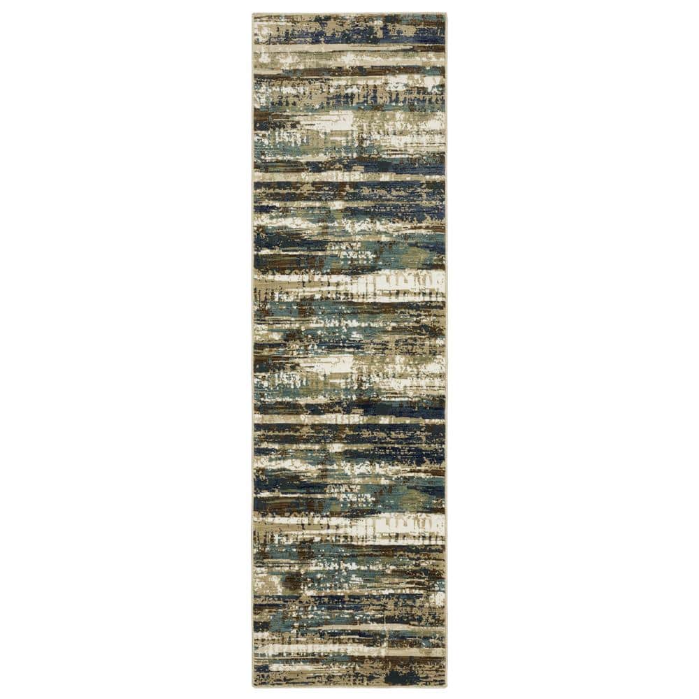 AVERLEY HOME Ross Beige/Blue 2 ft. x 8 ft. Stripe Abstract ...