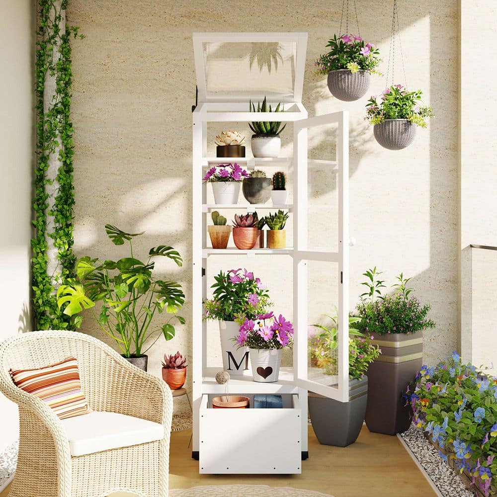 18 in. W x 20 in. D x 62 in. H White Wood Portable Greenhouse, Mini ...