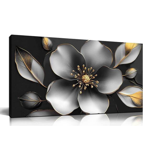 20x40 Large Framed Grey Metal-Tone Flower Canvas Wall Art - Modern ...