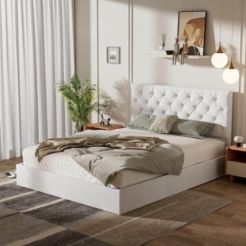 Ahokua White Frame Full Size Upholstered Platform Bed with Lift-up ...