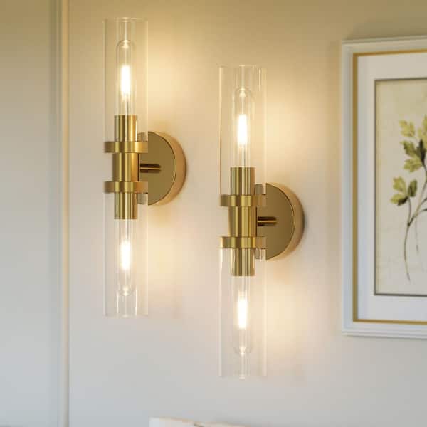 Morauroral 16.5 in. 2-Light Gold Wall Sconce with Cylinder Glass Shades ...
