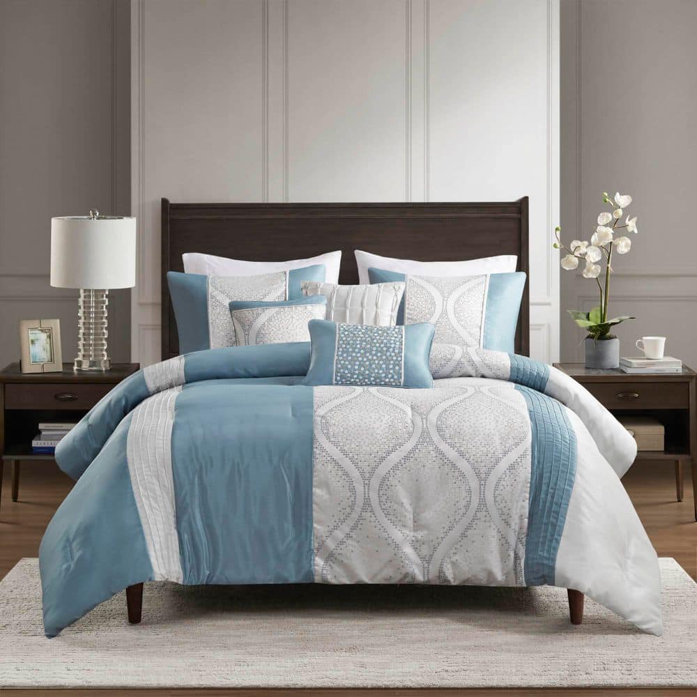 Madison Park Monroe 6-Piece Teal/Silver Polyester Full/Queen Comforter ...