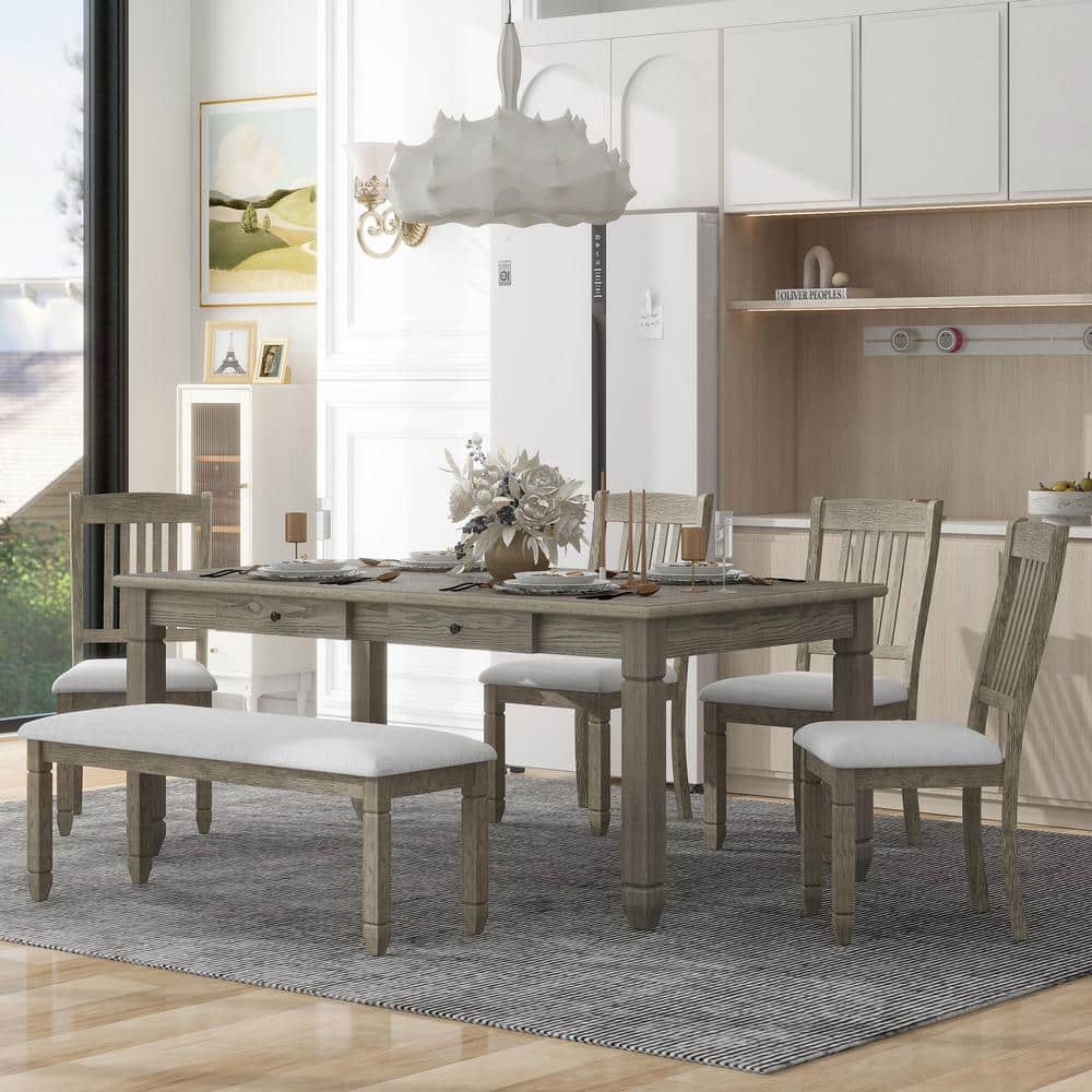 Harper & Bright Designs 6-Pcs Gray Retro Wood Rectangle Dining Set with ...