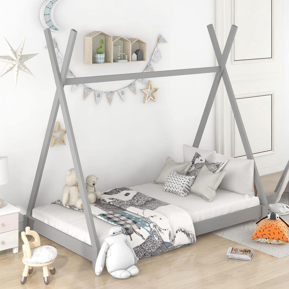 Qualler Gray Wood Frame Twin Size Platform Bed with Triangle Tructure ...