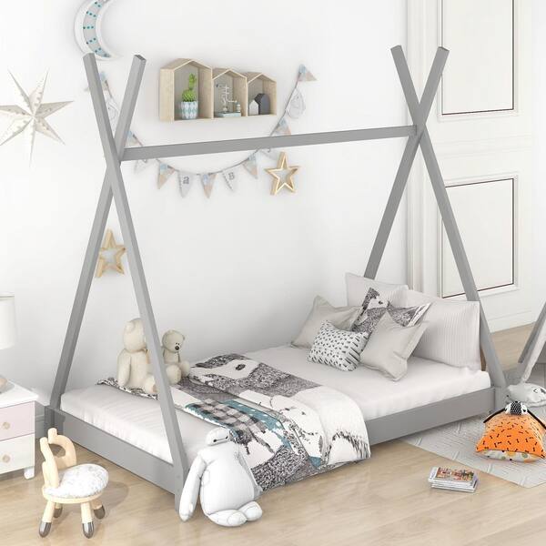 Qualler Gray Wood Frame Twin Size Platform Bed with Triangle Tructure ...