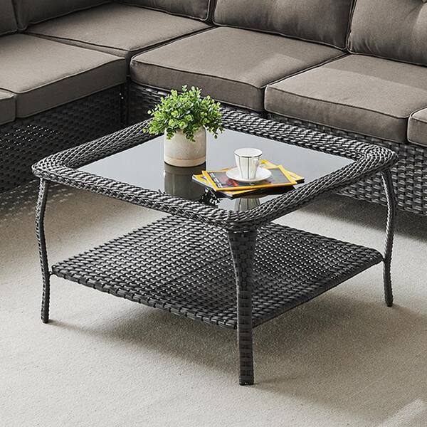 Pocassy Gray Square Wicker Outdoor Glass Large Side Table PJ061 - The ...