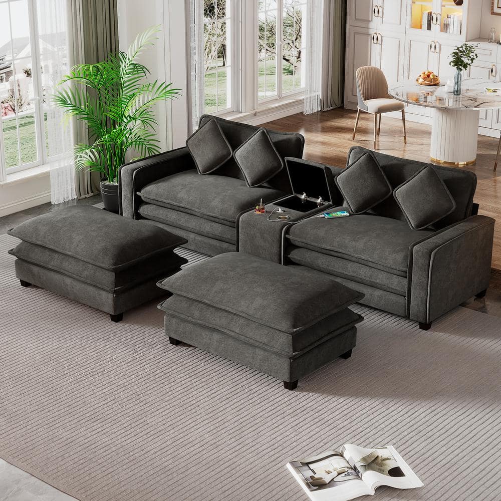 Harper & Bright Designs 112.6 in. Chenille Sectional Sofa in Dark Gray ...