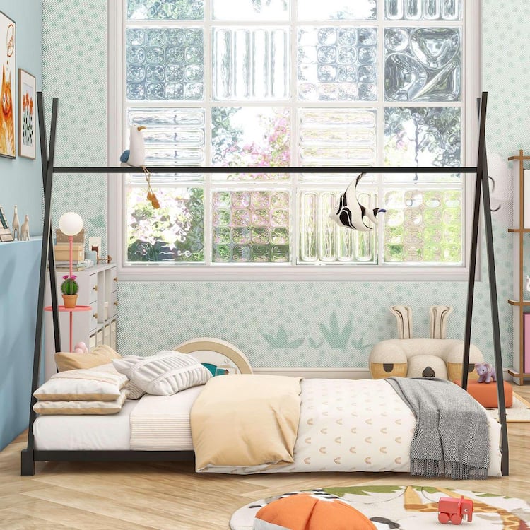 Polibi Black Metal Frame Twin Size Platform Bed with Triangle Structure ...