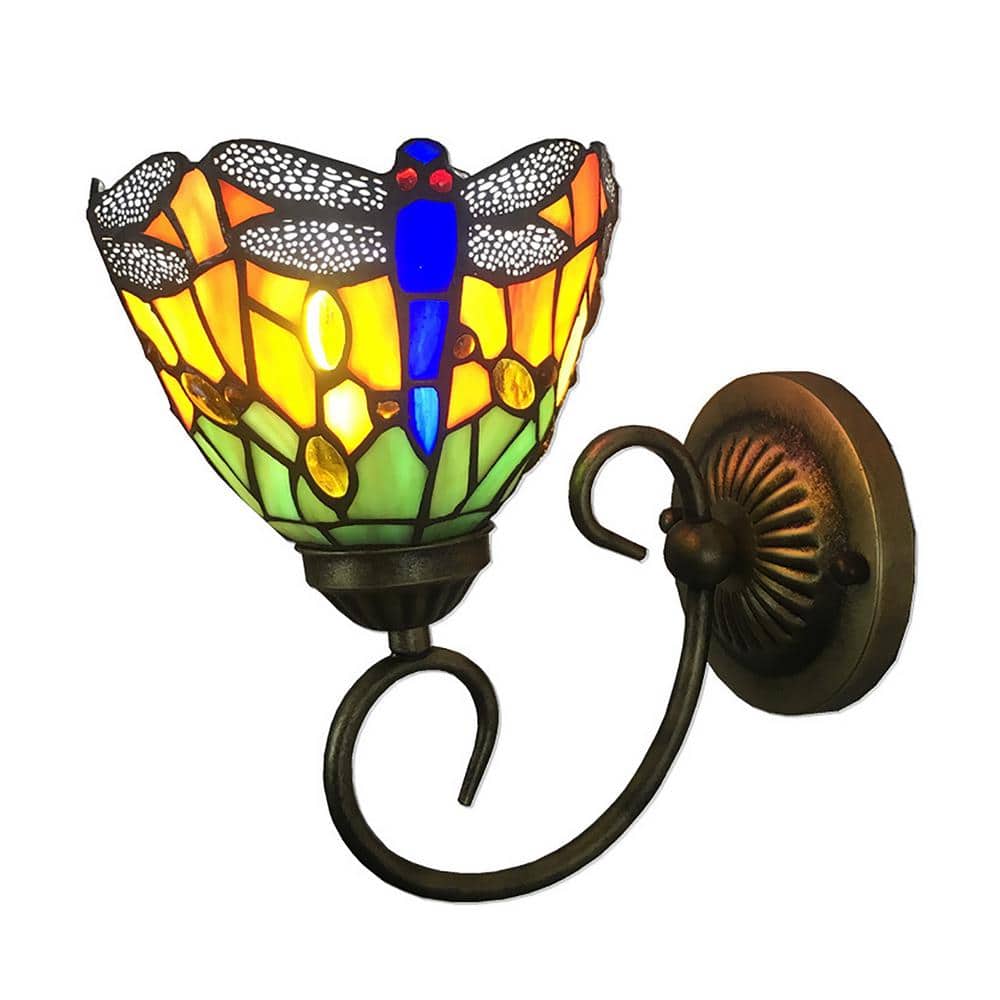 OUKANING 5.9 in. 1-Light Bronze Retro Wall Sconce with Stained Glass ...