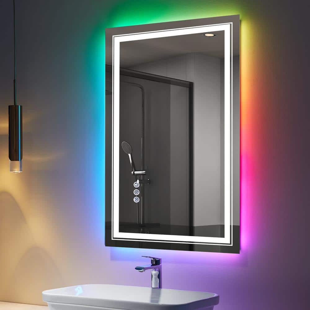 MYCASS RGB 28 in. W x 36 in. H Rectangular Frameless LED Mirror with ...