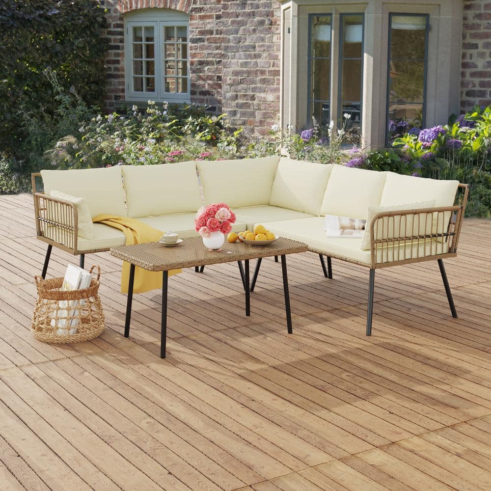 DEXTRUS 4-Piece Brown Wicker Patio Conversation Set with Beige Cushions ...