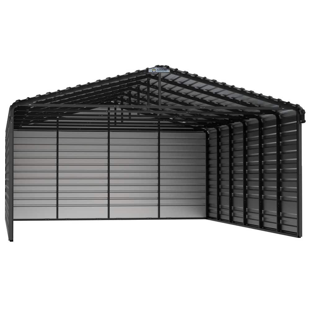 Arrow 20 ft. W x 29 ft. D x 9 ft. H Charcoal Galvanized Steel Carport with 3-sided Enclosure ...