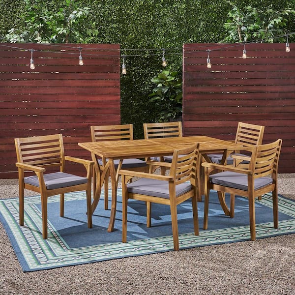 Noble House Casa 30 in. Teak Brown 7-Piece Wood Rectangular Outdoor Dining Set with Dark Grey ...