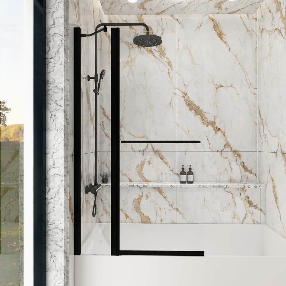 34 in. W x 56 in. H Semi-Frameless Pivot Tub Door in Matte Black with ...