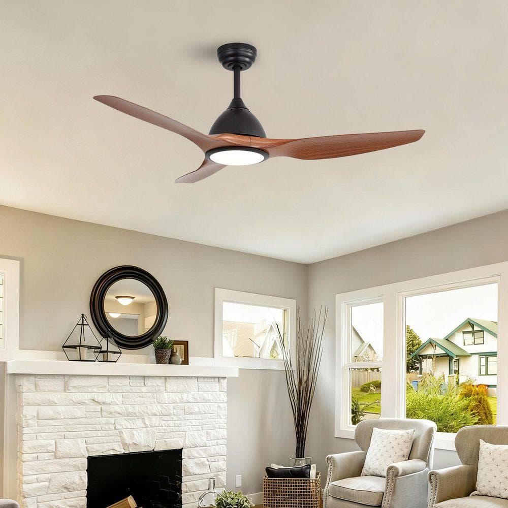 PUDO 52 in. Indoor Integrated LED Modern Brown Ceiling Fan Lighting ...
