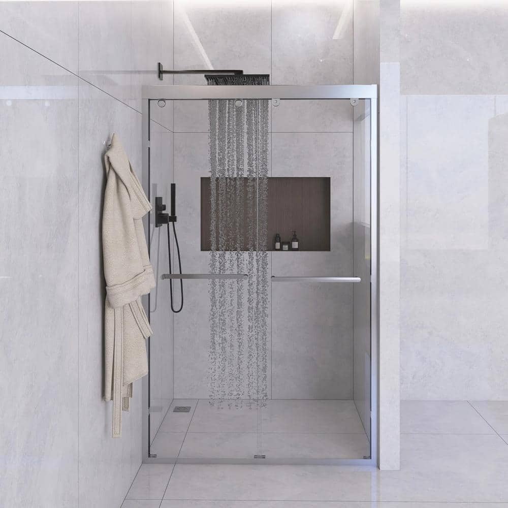 JimsMaison 48 in. W x 75 in. H Sliding Framed Shower Door in Chrome Finish with Tempered Glass ...