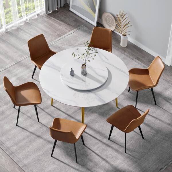 Magic Home 53.15 in. Circular Sintered Stone Tabletop Kitchen Dining Table with Lazy Susan with 4 Gold Metal Legs 6 Seats MH DTT16G DTL3B