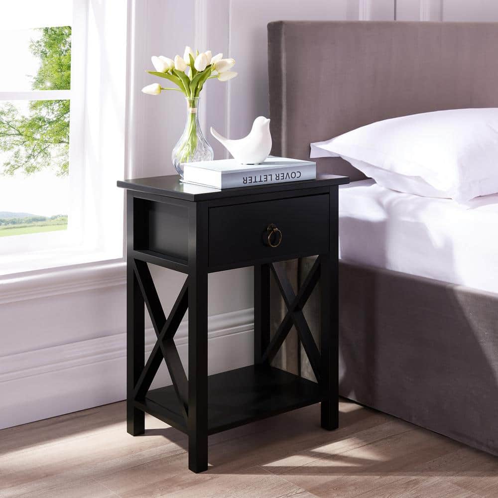 MAYKOOSH Black, 1-Drawer Wooden End Table with Storage Shelf Nightstand ...