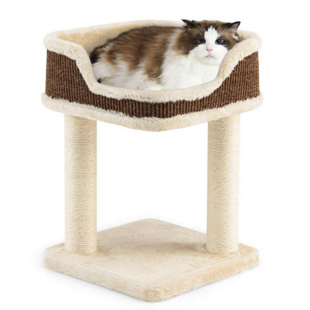 ATENGNES Beige Wood Multi-Level Cat Climbing Tree with Scratching Posts ...