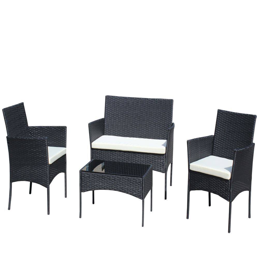 4-Piece Wicker Patio Conversation Set with Tempered Glass Top Table and ...