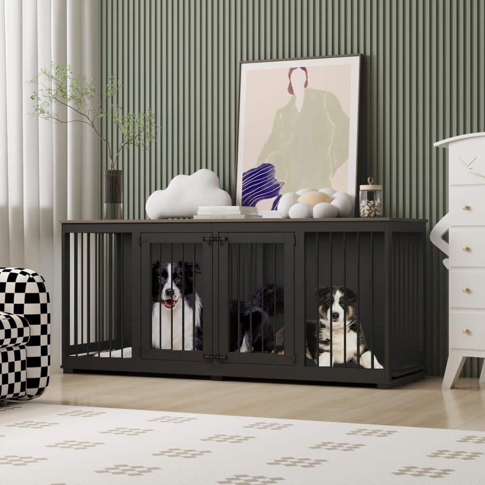 FUFU&GAGA Heavy-Duty Wooden Dog Crate with Trays and Divider for 2 Dogs, XXL Large Dog Crate ...