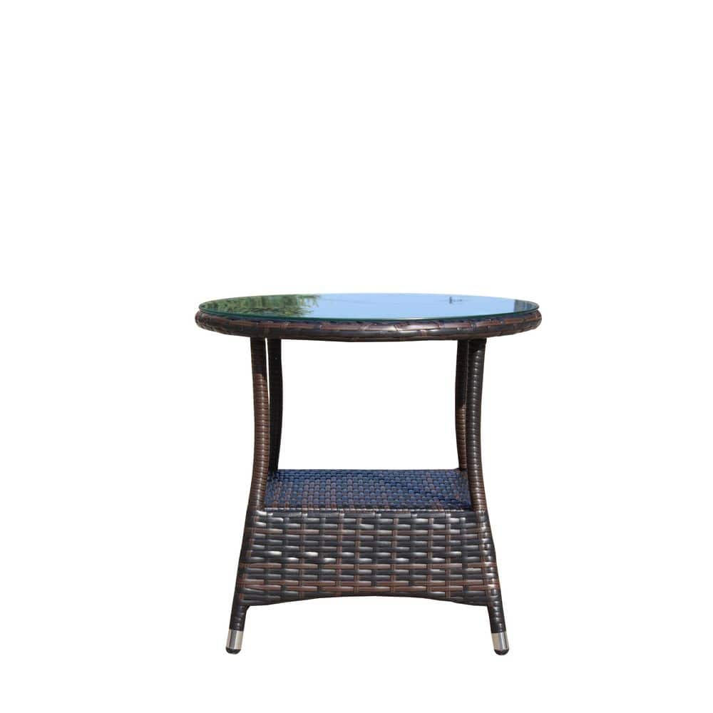 Zeus & Ruta Brown Round Wicker Outdoor Coffee Table with Clear Tempered ...