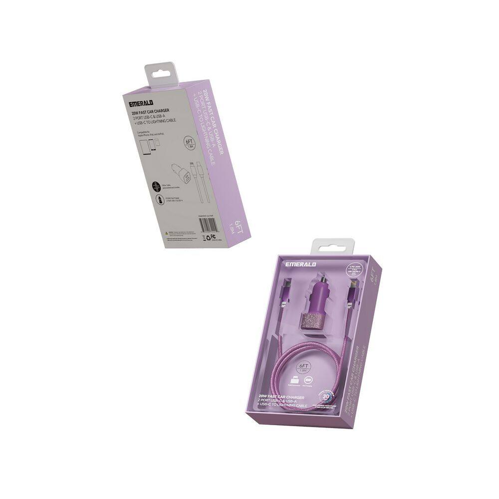 Emerald 2 Port Car Adapter + 6FT Lightning Cable 20W Fast Charging CAR ...