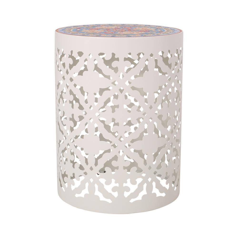 White Mesh Powder Coated Metal Outdoor Side Table With Lace Cut Design ...
