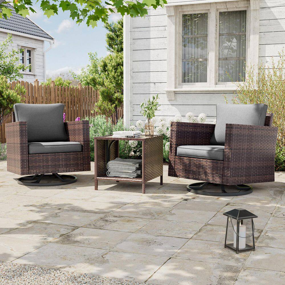 JOYESERY 3-Piece Brown Wicker Patio Bistro Set Swivel Rocking Chairs ...